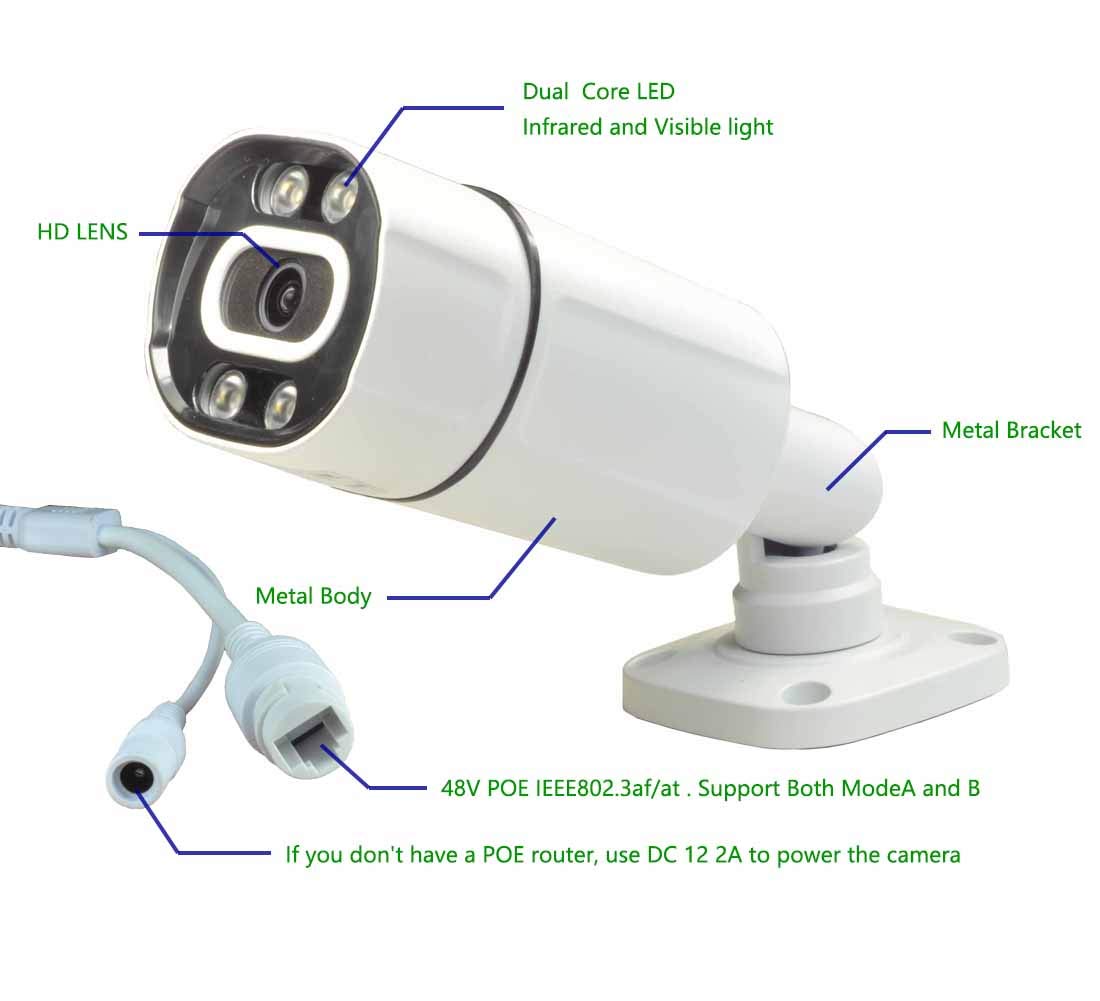 BlueFishCam 4MP PoE IP Camera POE Network Camera Outdoor Dual Lights POE IP Camera Warm/infared Camera Light 4.0MP Infrared High Resolution