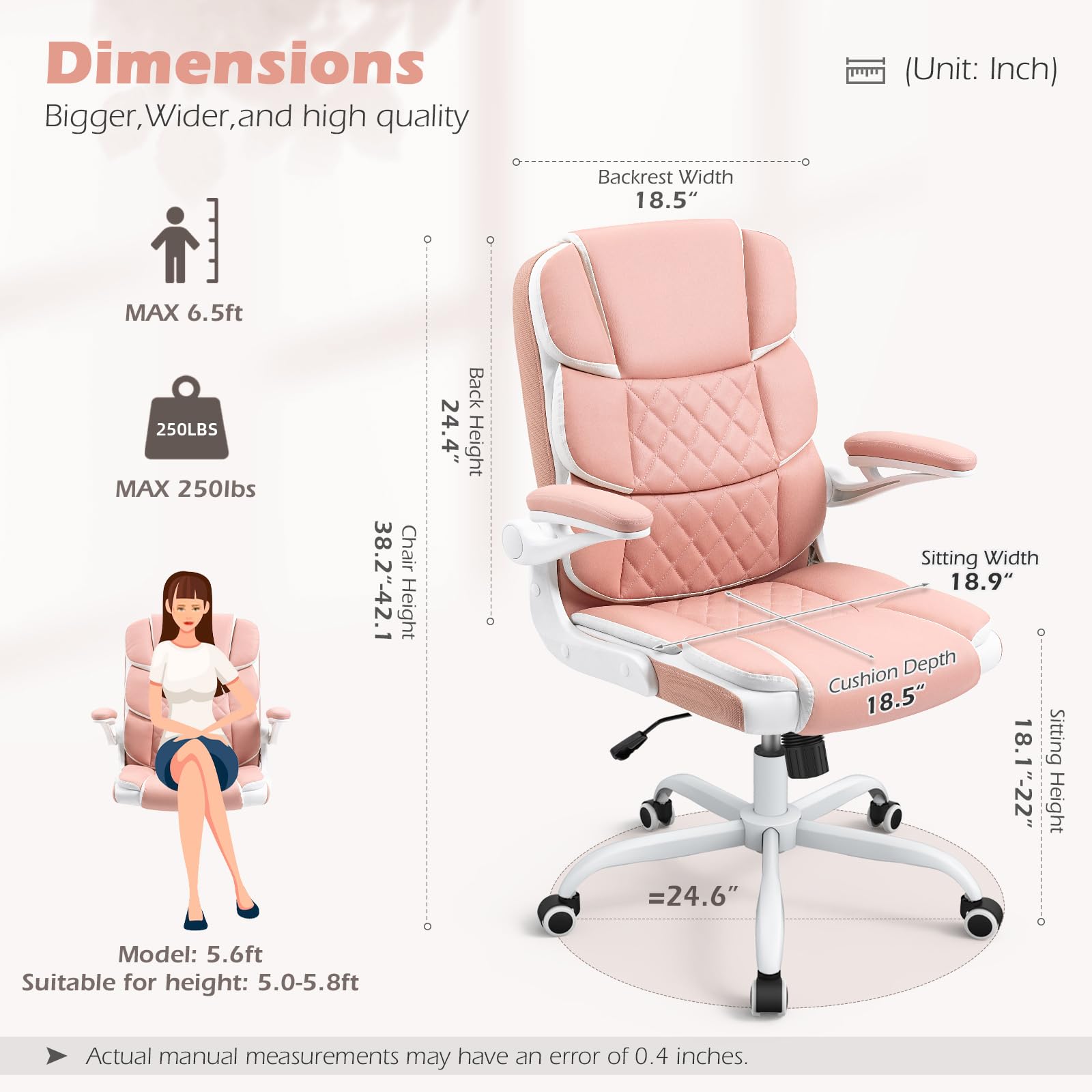Pink Desk Chair Ergonomic Office Chair Lumbar Support Desk Chairs with Wheels and Flip-up Armrest Adjustable PU Leather Computer Chair Backward Tilt, Pink
