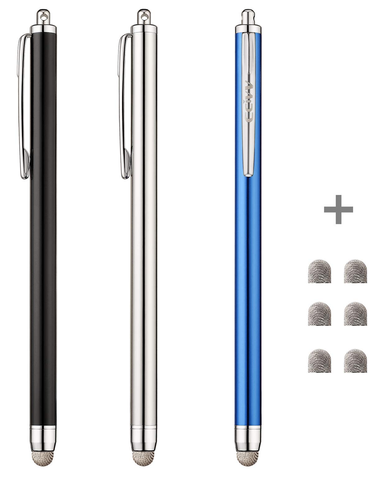 Stylus, 3 Pcs Mesh Fiber Tip Stylus Pens for Touch Screen Devices + 6 Extra Replacement Tips (Black/Silver/Dark Blue)