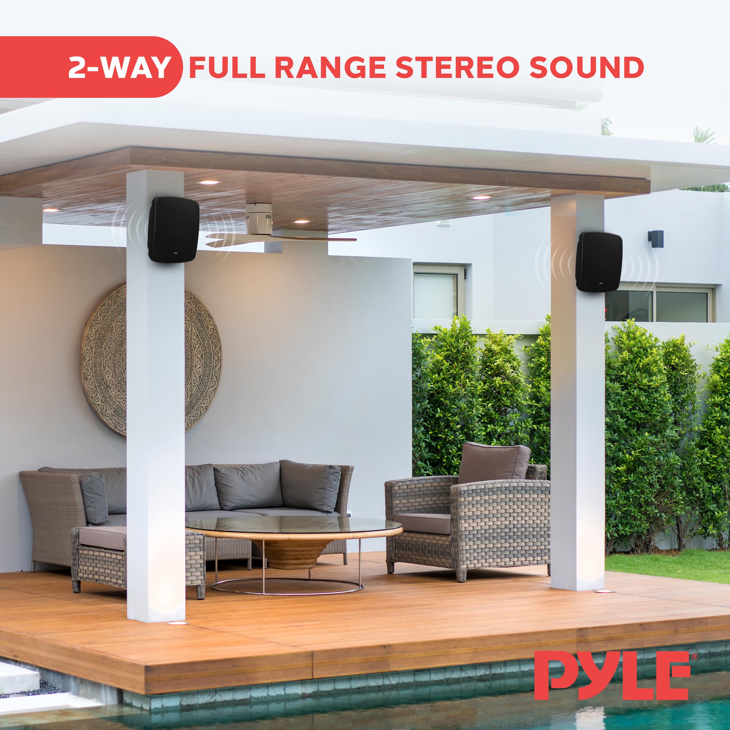 Pyle 5.25 Inch 2 Way Outdoor Waterproof Mountable Wireless Bluetooth Dual Speakers with Heavy Duty Grill Cabinet Enclosure, Black (2 Pack)