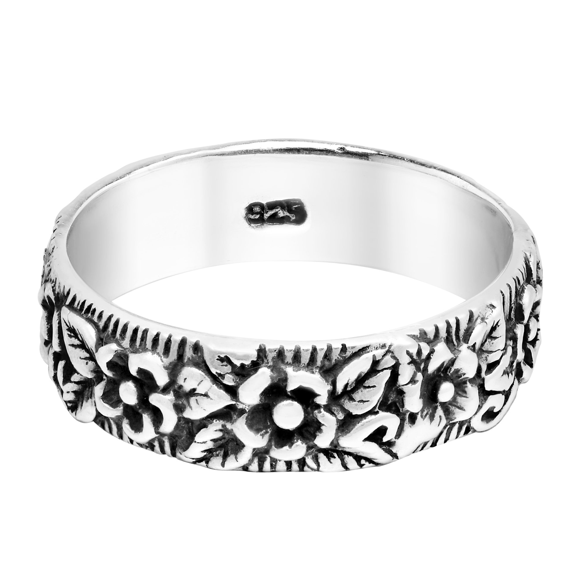 AeraVida Vintage Inspired Band of Flowers .925 Sterling Silver Ring (6)