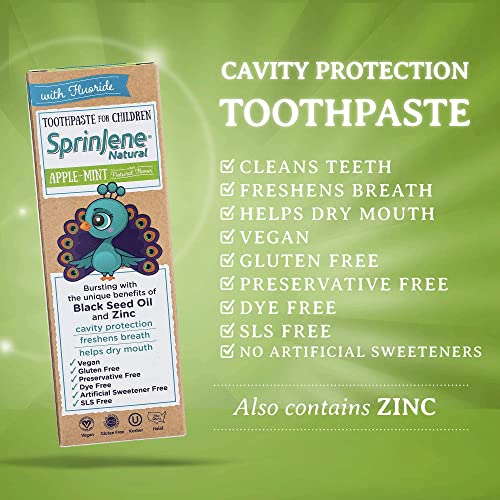 SprinJene Kids Toothpaste with Fluoride for Cavity Protection & Fresh Breath - Natural SLS Free Toddler Toothpaste for Childrens 2 Years & Up/Preservative & Toxic Free (1 Pack) Apple Mint