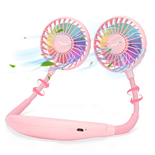 AngLink Portable Neck Fan with Colorful Led Light 360° Rotation - Quiet Hand Free USB Rechargeable Battery Operated Small Personal Fans for Kids Travel Camping Outdoor Office | Pink