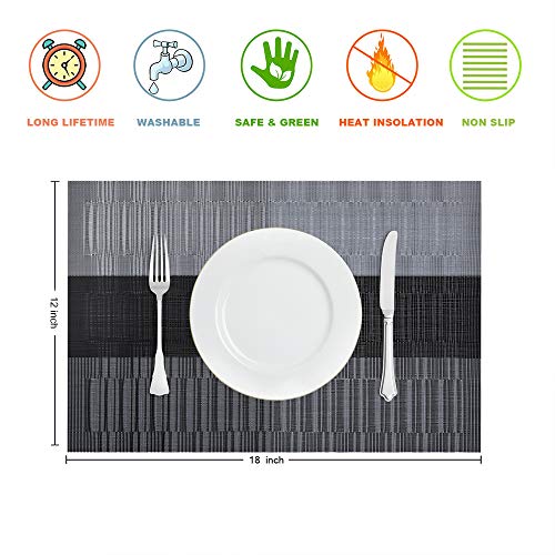 GIVERARE Placemats Set of 4, Heat-Resistant Woven Vinyl Placemat, Non-Slip Washable PVC Table Mat, Easy to Clean Premium Plastic Table Mats for Dining Table, Kitchen Table (Black+Gray)