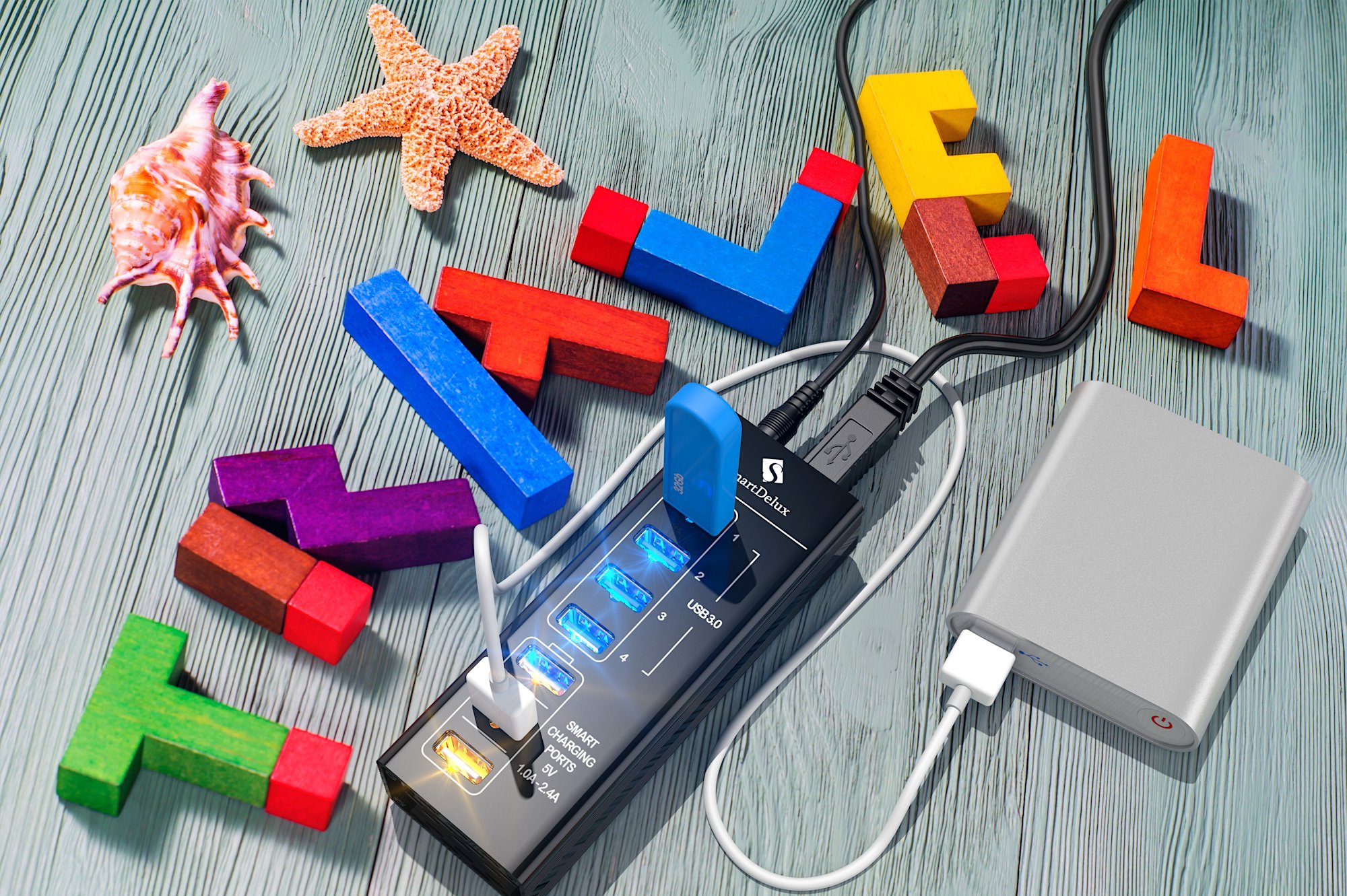 SmartDelux Powered USB Hub - USB 3.0 Ports Hub with 3 Smart Charging Ports, Power Adapter, Long Cord, LEDs (7-Port USB Hub)