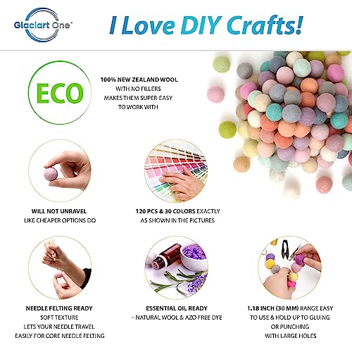 Glaciart One Felt Pom Poms, Wool Felt Balls (120 Pieces) 3 cm β 1.18 Inch, Handmade Felted 30 Pastel Color Bulk Small Puff for Felting and Garland