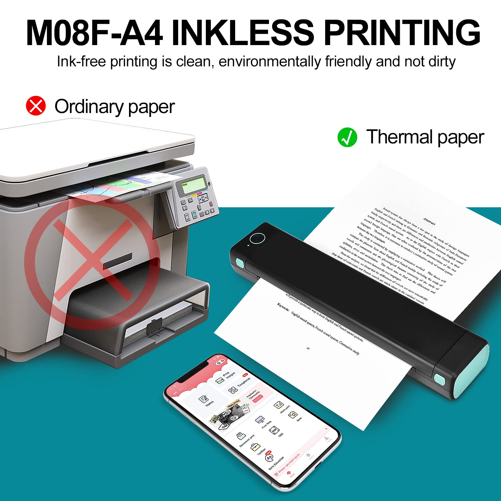 Portable Printers Wireless for Travel Mini Printer, Bluetooth Mobile Printer, Inkless Thermal Printer Support 8.26"x11.69" A4 Thermal Paper, Compatible with Android and iOS Phone & Laptop