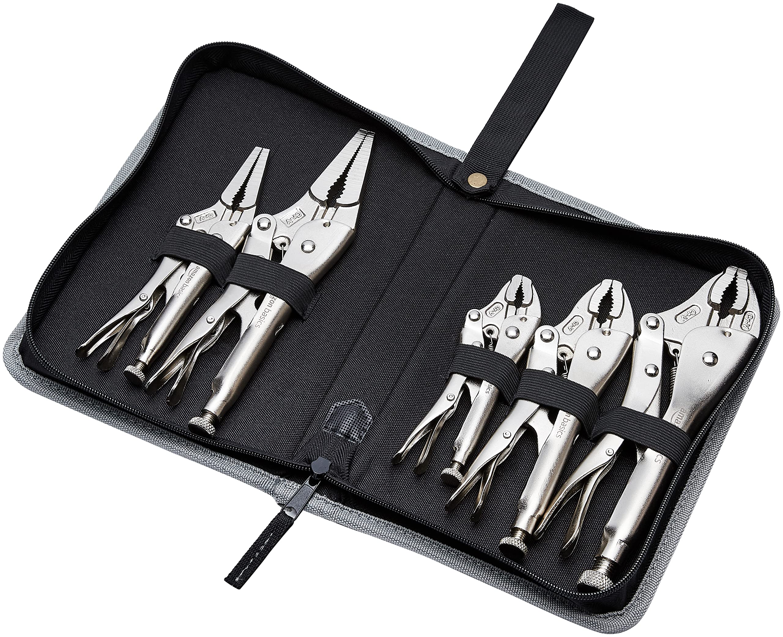 Amazon Basics 5-Piece CR-V Locking Pliers and Wire Cutters Set with Carrying Case, 2 Straight, 3 Curved Jaw, 6.5-10 Inch, Silver