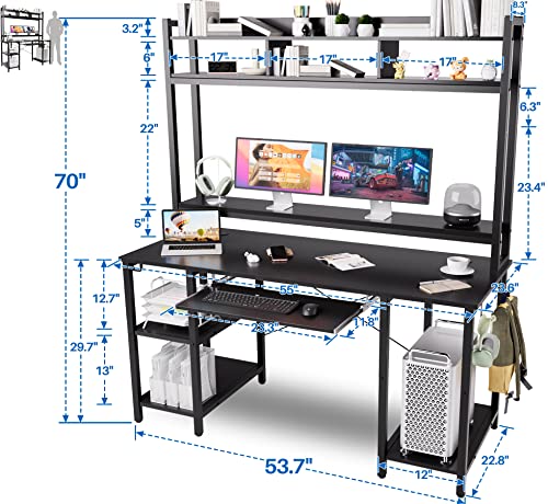 Computer Desk with Hutch Bookshelves, Storage Shelves, Keyboard Tray, Home Office Study Work Desk 53 inch Width, 70 inch High