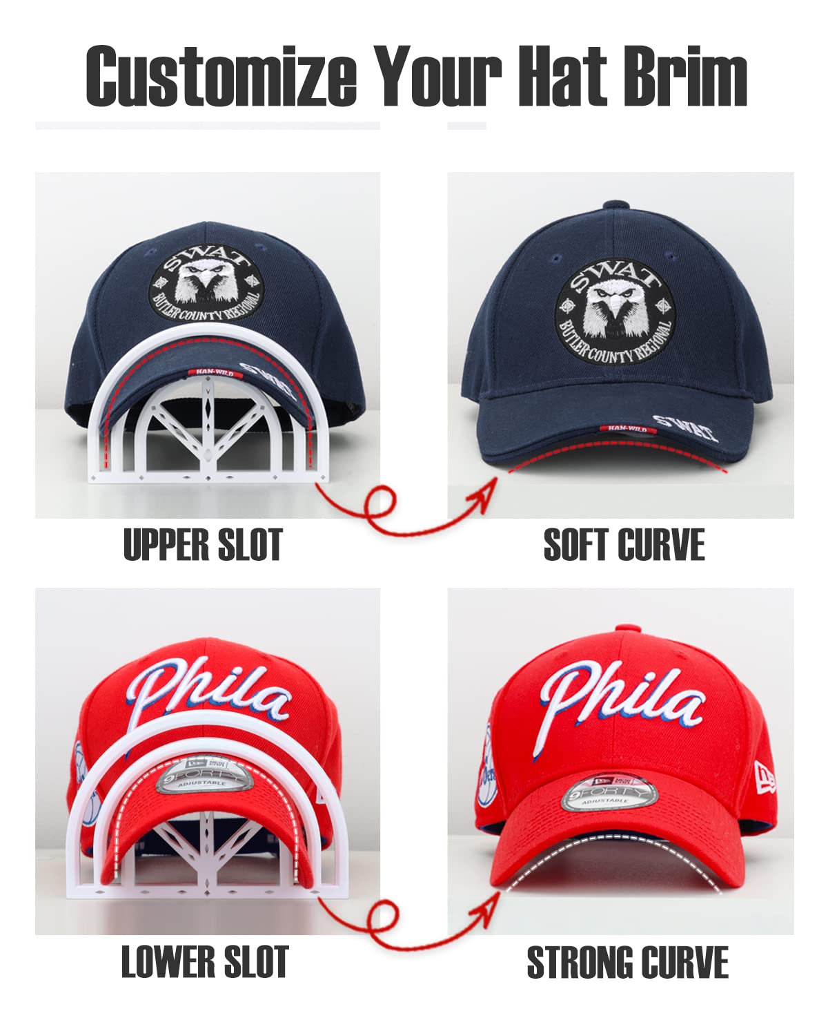 Baseball Hat Curving Band, Mens Baseball Cap Hat Brim Bender, Hat Shaper for Fitted Hats, Trucker Hat, Flat Brim Hats, Perfect Hat Curve Bender, Hat Accessories for Teen Boys, Pack of 4 (Black)