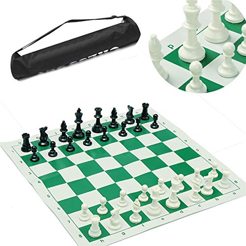 FIBVGFXD Traveling Portable Chess Traditional Chessboard Set, for Tournament Club with Green Roll-up Board + Plastic Bag Chess Game (53x10cm)