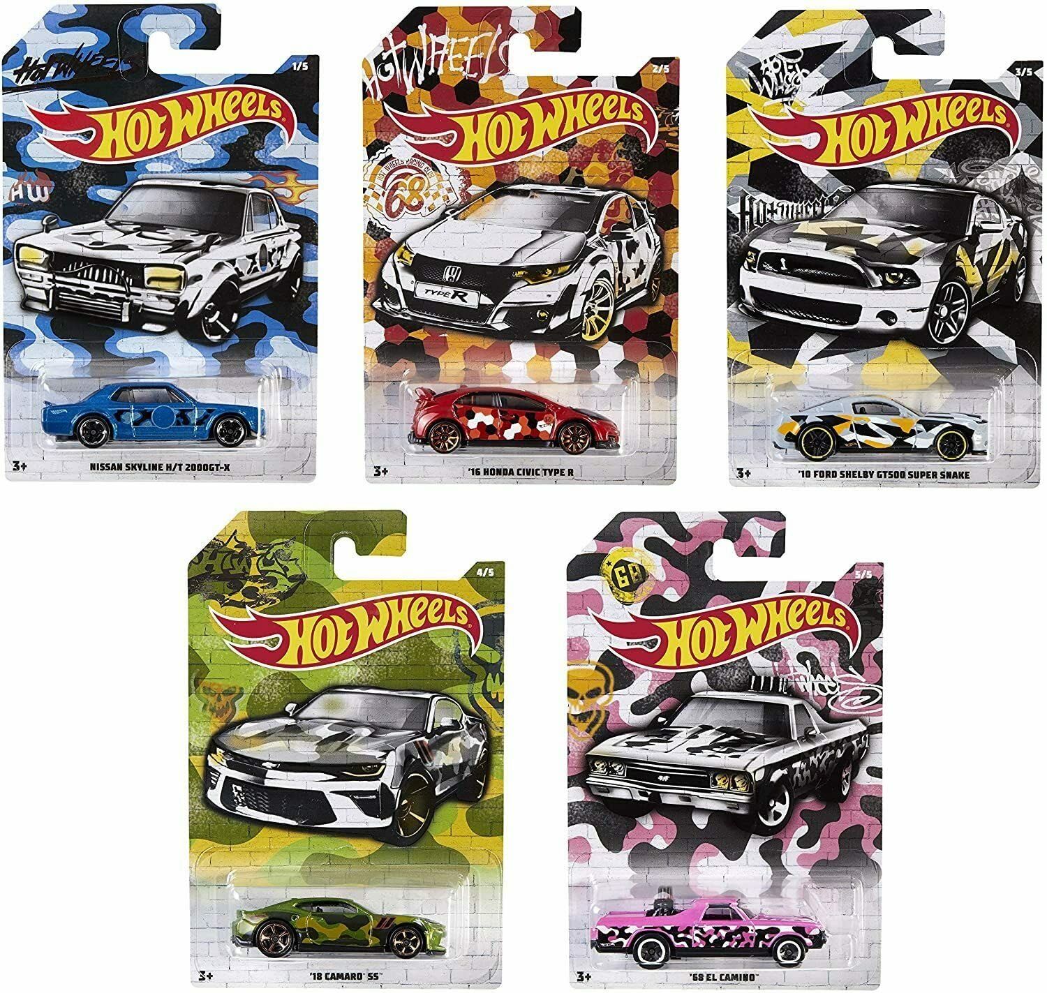 Hot Wheels 2019 Urban Camo Camouflage Series Complete Set of 5 Diecast Vehicles Bundle