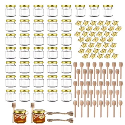 GIVAMEIHF 40 pack Mini Glass Honey jars,1.5oz Hexagon Honey Jars with Wooden Dipper,Gold Lid,Pendant,Rope,Mini Honey Jars with Lids,Perfect for Baby Shower,Wedding Favors,Party Favors