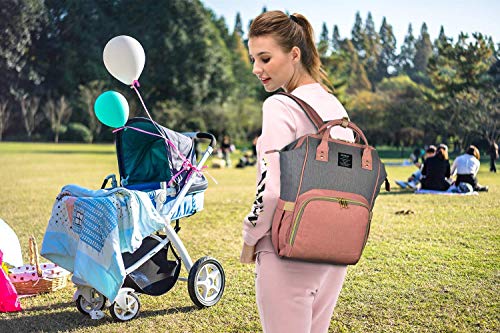QIMIAOBABY Diaper Bag Backpack,Waterproof Multifunctional Large Travel Nappy Changing Bags… (Pink with gray)