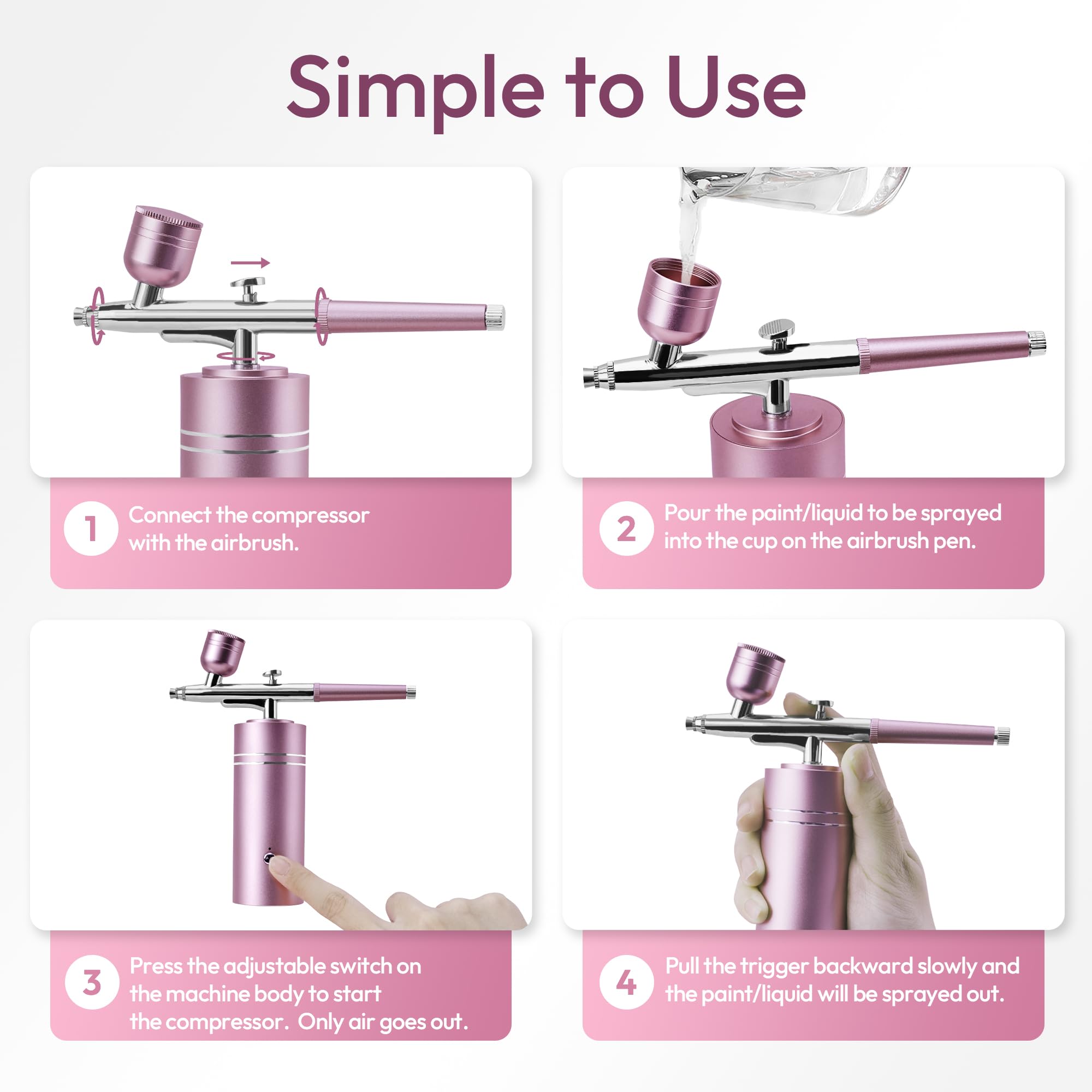 Airbrush for Nails Cordless Portable Airbrush Kit with Compressor 30PSI High-Pressure Rechargeable Air Brush Spray Machine with 0.3mm Nozzle for Painting Makeup Model Barber Cookie Cake (Pink)