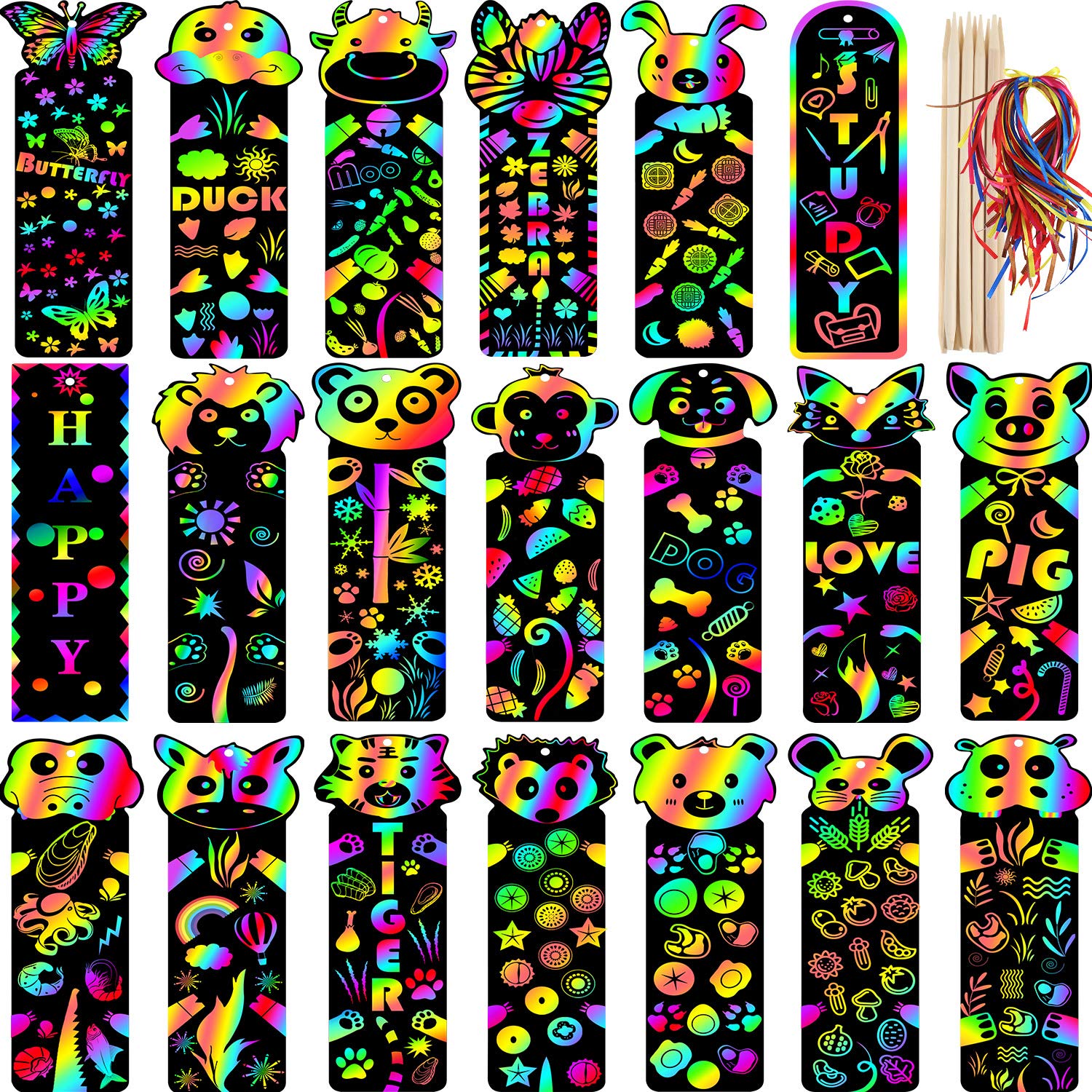 Blulu 100 Pieces 20 Styles Valentines Animal Scratch Bookmarks for Kids Magic Scratch Bookmarks DIY Bookmark Crafts with 100 Pieces Ropes and 20 Pieces Wood Stylus for Boys Girls Students Classroom