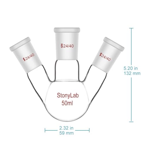 StonyLab Glass 50ml Heavy Wall 3 Neck Round Bottom Flask RBF, with 24/40 Center and Side Standard Taper Outer Joint β 50ml