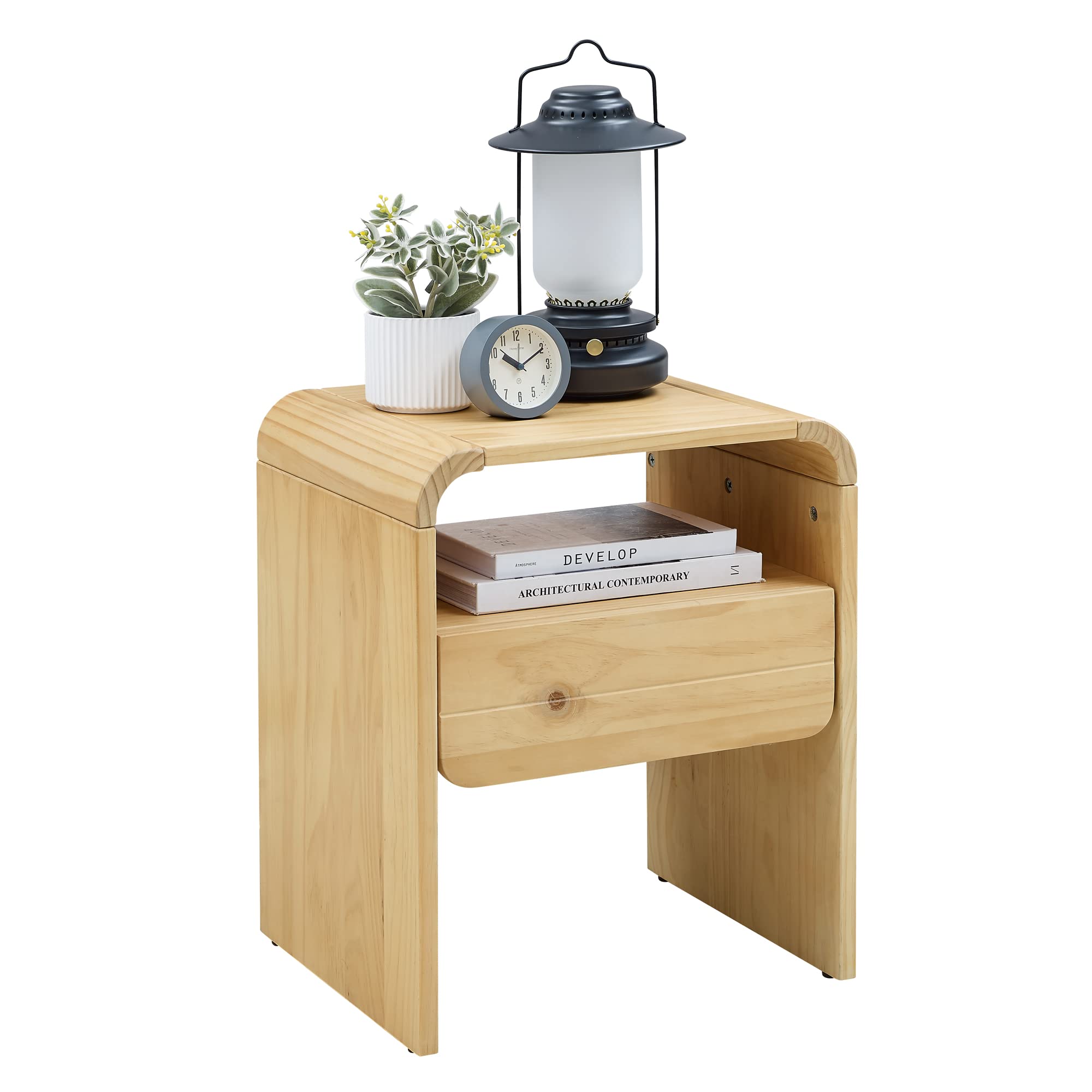 MUSEHOMEINC Modern Solid Wood Nightstand/End Table with for Bedroom,Bedside Furniture with One Storage Drawer and Open Shelf,Modern End Tables Organizer for Living Room/Hallway/Entryway