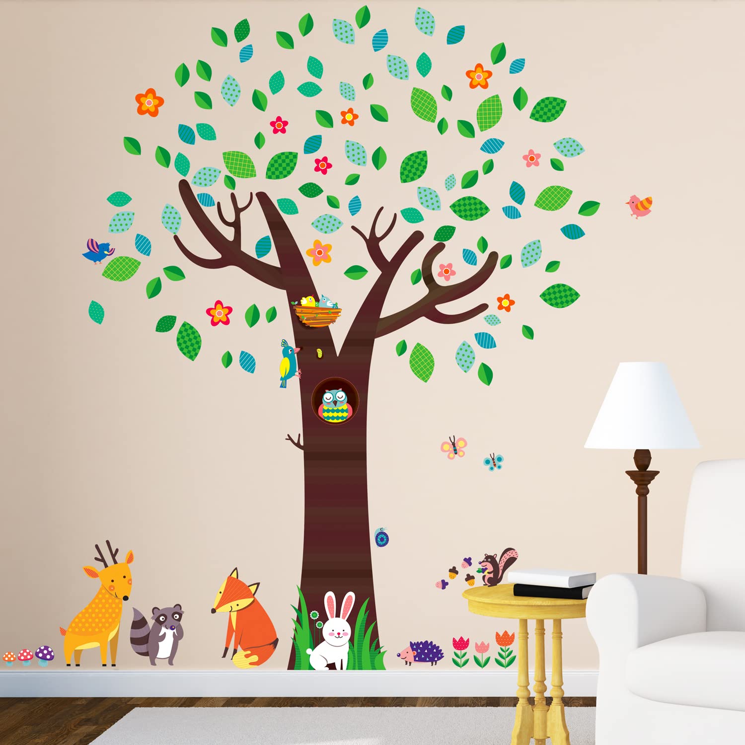 DECOWALL DA-1312N Large Tree with Animal Friends Kids Wall Decals Wall Stickers Peel and Stick Removable Wall Stickers for Kids Nursery Bedroom Living Room
