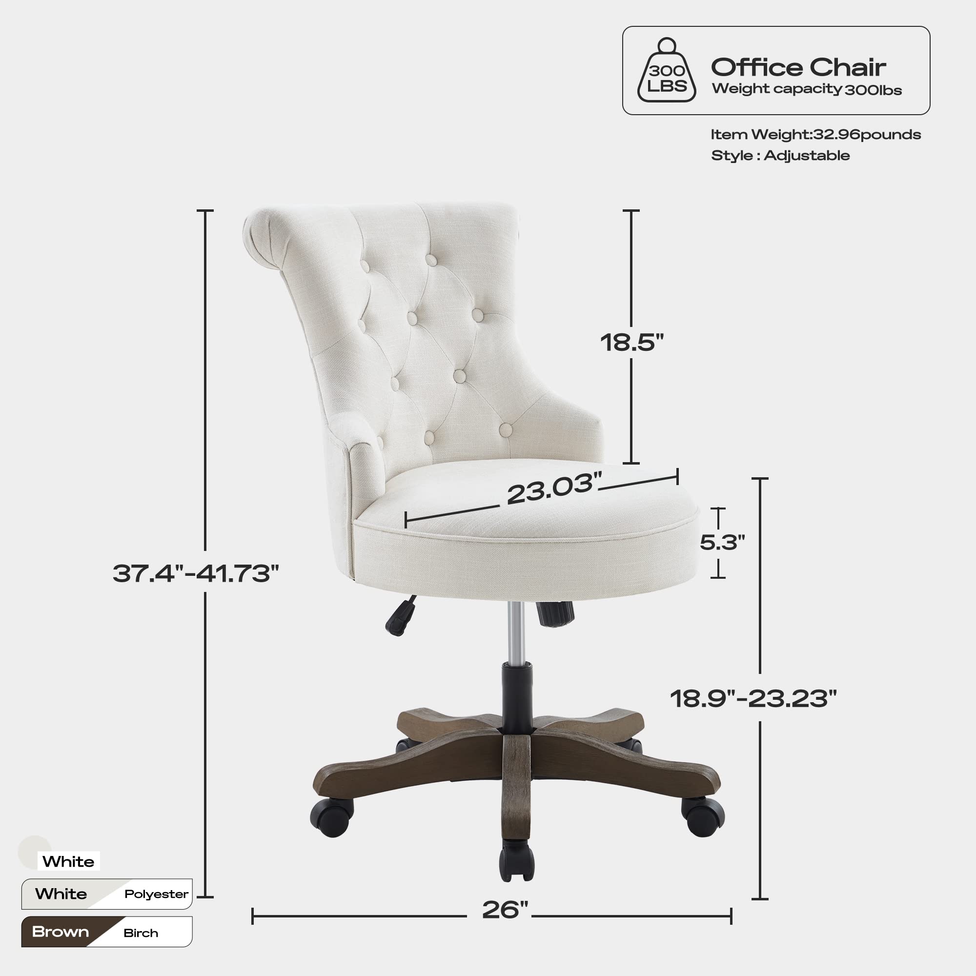 Batohom Home Office Chair Adjustable Height Swivel Chair with Wheels Linen Fabric Upholstered Computer Desk Chair with Wooden Legs Comfortable Armless Chair for Home Office Study Studio (Light Grey)