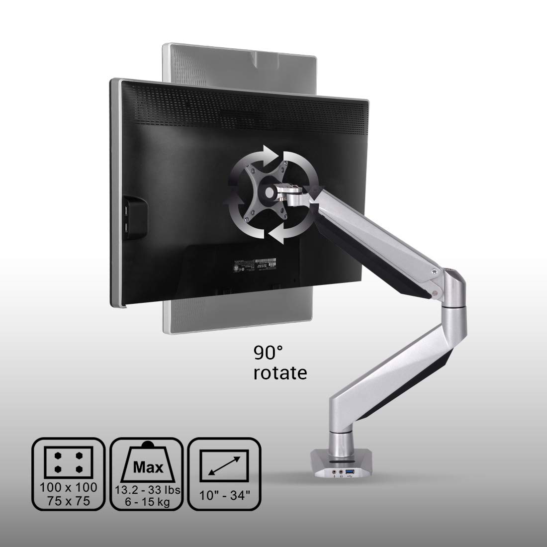 Monitor Mount Full Motion Monitor Arm Stand, Height Adjustable Computer Monitor Riser with Gas Spring, C Clamp, Cable Management for 10-34 inches,13.2-33 lbs LCD Screens