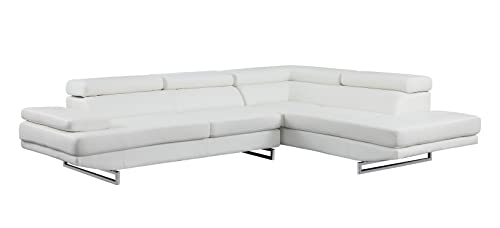 Blackjack Furniture Union Modern Faux Leather Sofa with Adjustable Headrests, Chaise, Elegant Tufted Seat, High-Density Foam and Stainless Steel Legs, Right Facing Sectional, White