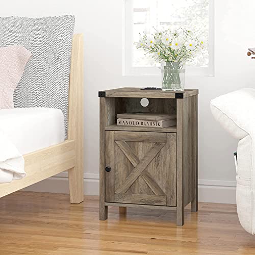 Farmhouse Nightstand Set of 2 with Charging Station,Industrial Bedside Table with Storage Living Room Bedroom Side Table End Table with Barn Door,Grey