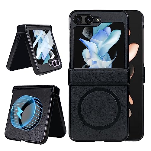 Gufiire for Samsung Galaxy Z Flip 5 Case with Hinge Protection, Front Screen Protector, Carbon Fiber Texture Leather Case Compatible with MagSafe Full Protection Phone Case for Galaxy Z Flip5 (Black)