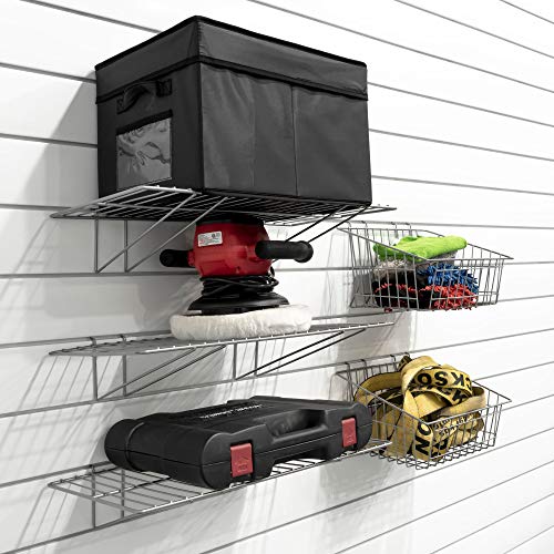 Proslat 11003 Garage Organizer Value Pack with 3 Shelves and 2 Steel Baskets, Designed for Proslat PVC Slatwall Chrome