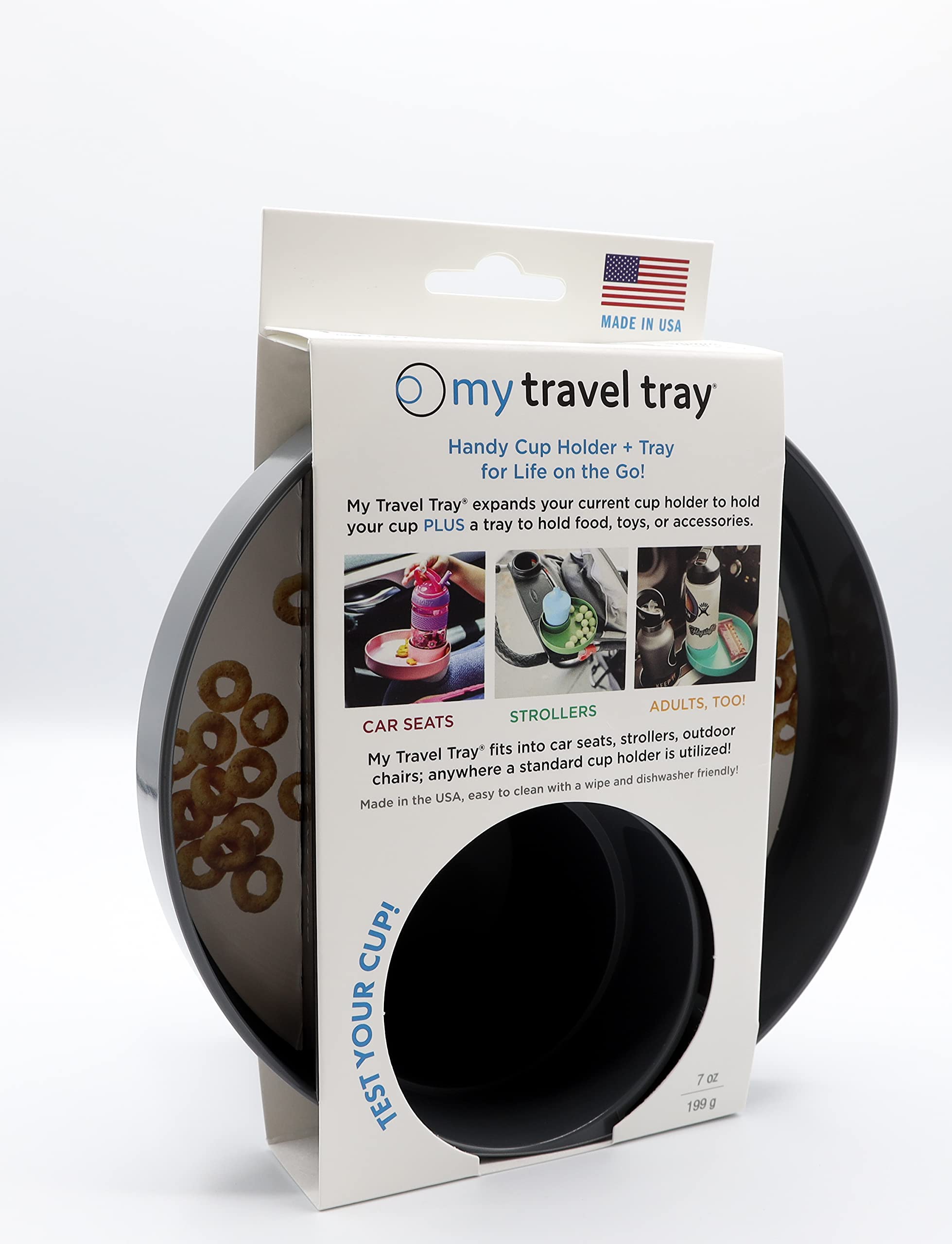 My Travel Tray – for Cup Holder (Gray) Made in USA - Car Journey Must – Insert into Cupholders Found on Car Seats, Booster, Strollers & Your car Cup Holder