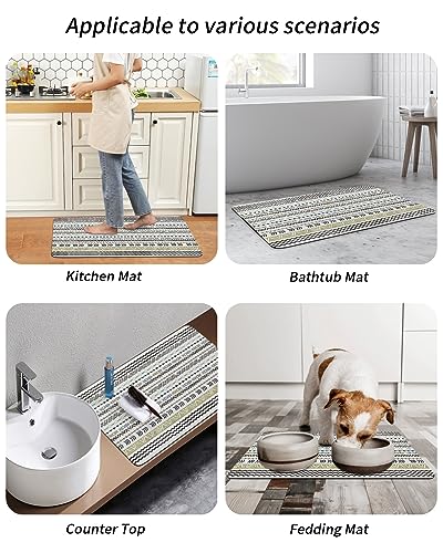 Boho Bath Mat for Tub,Non Slip Bathroom Floor Runner Rug Quick Dry & Absorbent Diatomaceous Earth Kitchen Room Shower Sink Washable Doormat,Black Bohemia Modern Abstract Geometric Stripes 16"x24"