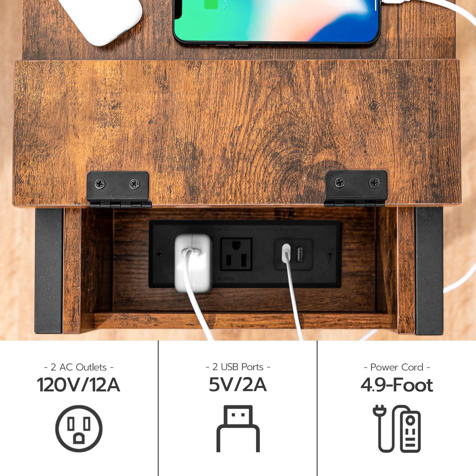 HOOBRO End Table with Charging Station, Set of 2 Narrow Side Table, Small Nightstand, Bedside Table with Drawer and Storage Shelves, for Small Spaces, Rustic Brown and Black BF041BZP201
