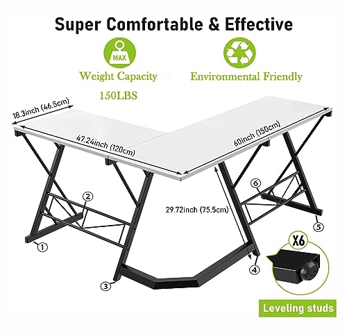 DORPU L-Shaped Corner Desk, Computer Gaming Table Desk 60 inch, Modern Writing Study Table Desk for Home Office, Simple Style White PC Desk with Metal Frame, Space-Saving, Easy to Assemble