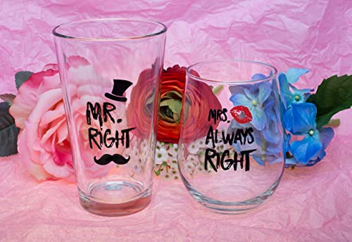 Funny Mr. Right and Mrs. Always Right Novelty Wine Glass and Beer Glass | Includes Fun, Stylish Gift Box | For Weddings, Engagement, Newlywed, Bachelorette, Anniversary, Couples Gifts