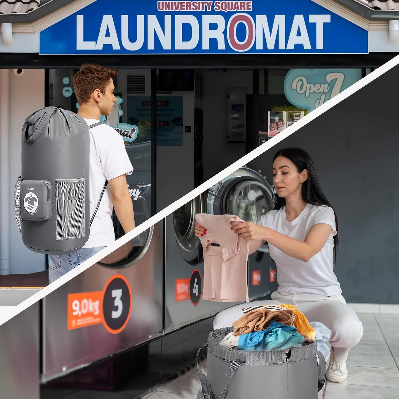Aisbei 100L Foldable Laundry Bag Backpack with Chest Straps-Large Travel Laundry Bag for Dirty Clothes-Laundry Hamper Bag for College Apartment Laundromat Dorm Room Camping Essentials(Grey)