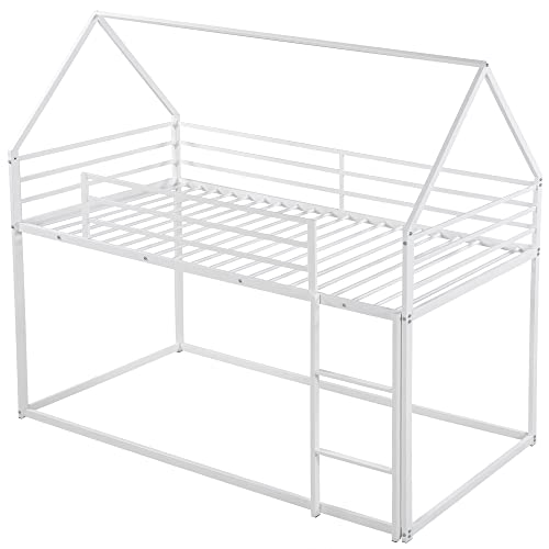 Merax Modern Heavy Metal House Low Bunk Bed Twin Over Twin, Montessori Floor Bunk Bed Frame with Full-Length Guardrail/No Box Spring Needed White