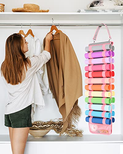 FINESUN Vinyl Roll Holder, Criсut Accessories, Vinyl Storage with Visible Pocket, Vinyl Holder with 24 Elastic Compartments, Vinyl Organizer for Cricut Tools, Gift Wrap Organizer, Pink& Grey (Pink)