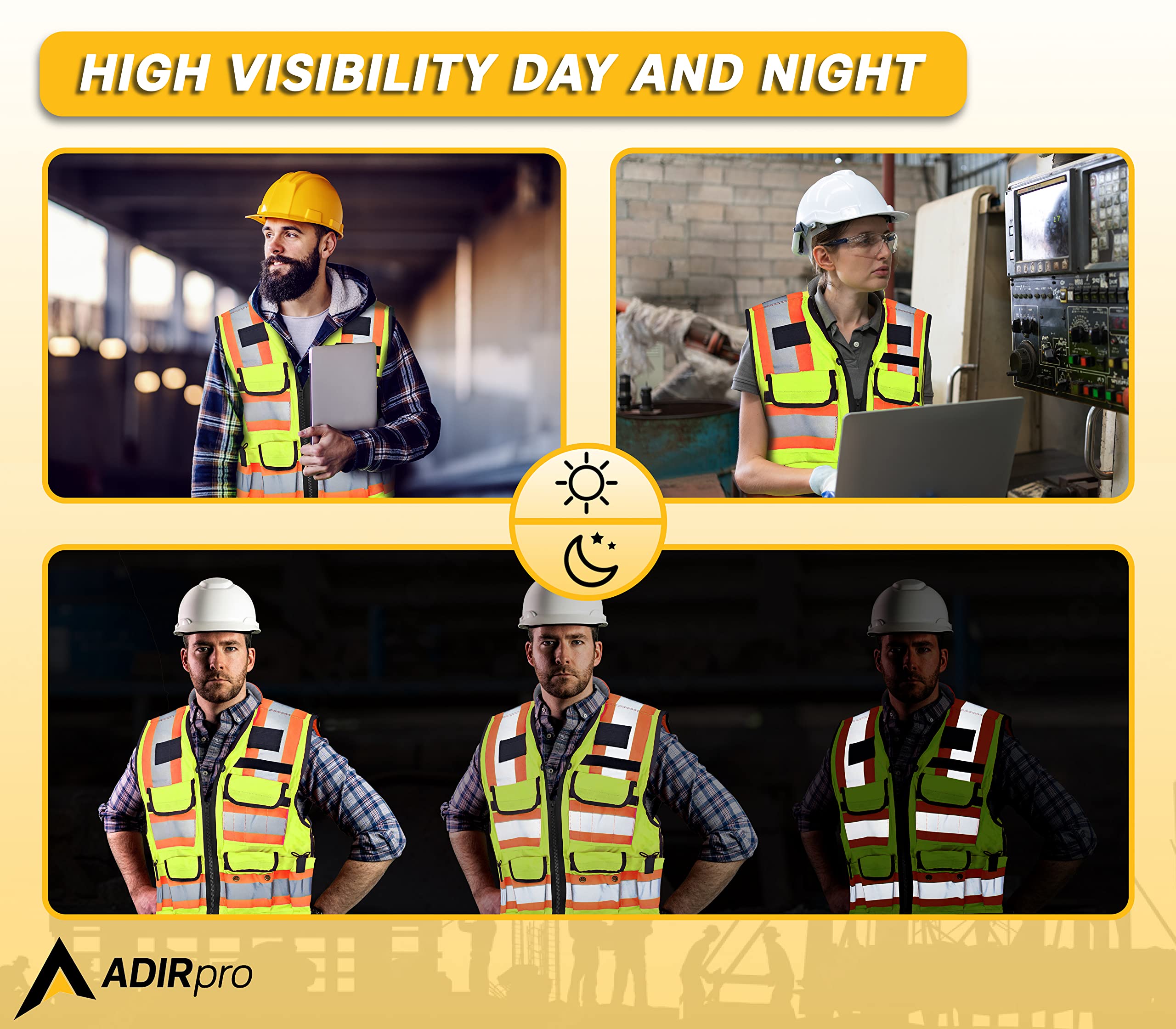 AdirPro Safety Vest - High Visibility Reflective with Zipper and Utility Pockets for Surveyors Engineers Class 2 Construction Workers, Fluorescent Yellow, 10