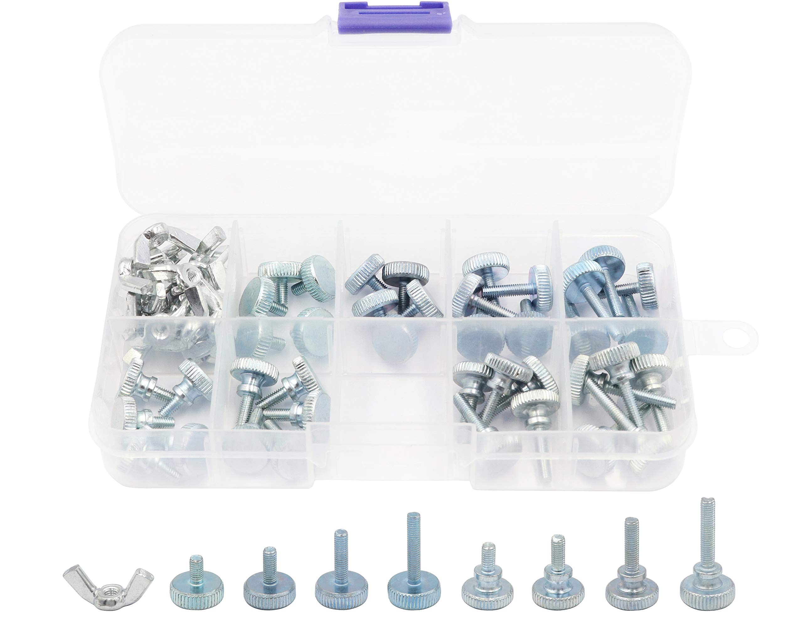 LBY 80pcs Knurled Hand Screw, M3 Flat Knurled Head Fully Threaded Thumb Screws and Wing Nuts 9 Sizes Assortment Kit, Carbon Steel Galvanize