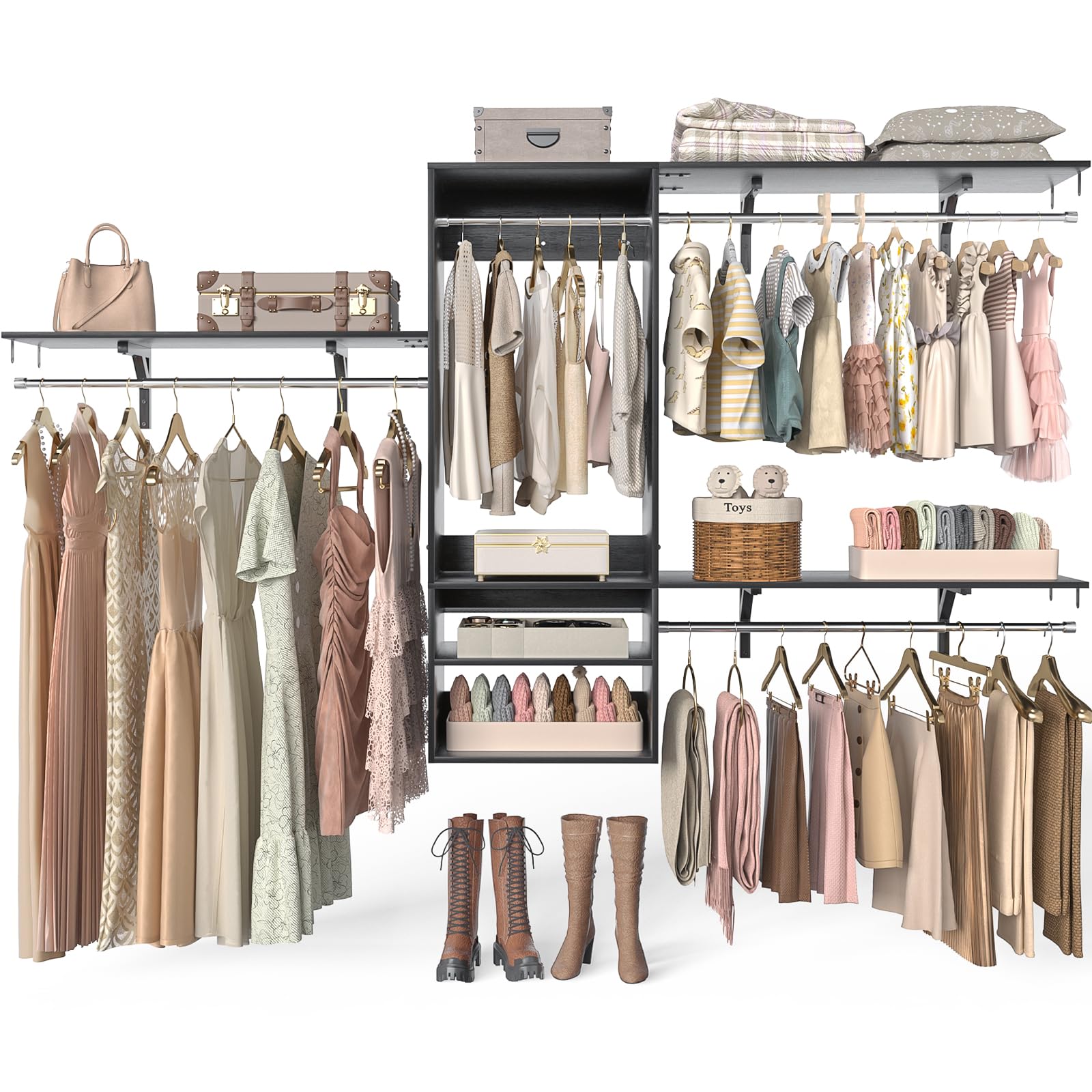 Besiost 96 Inch Hanging Closet System, 8 FT Closet Organizer System with Hanging Rod, Walk In Mounted Closet System, Built-In Clothes Garment Rack with 3 Shelving Towers(Can Be Cut To Fit), White