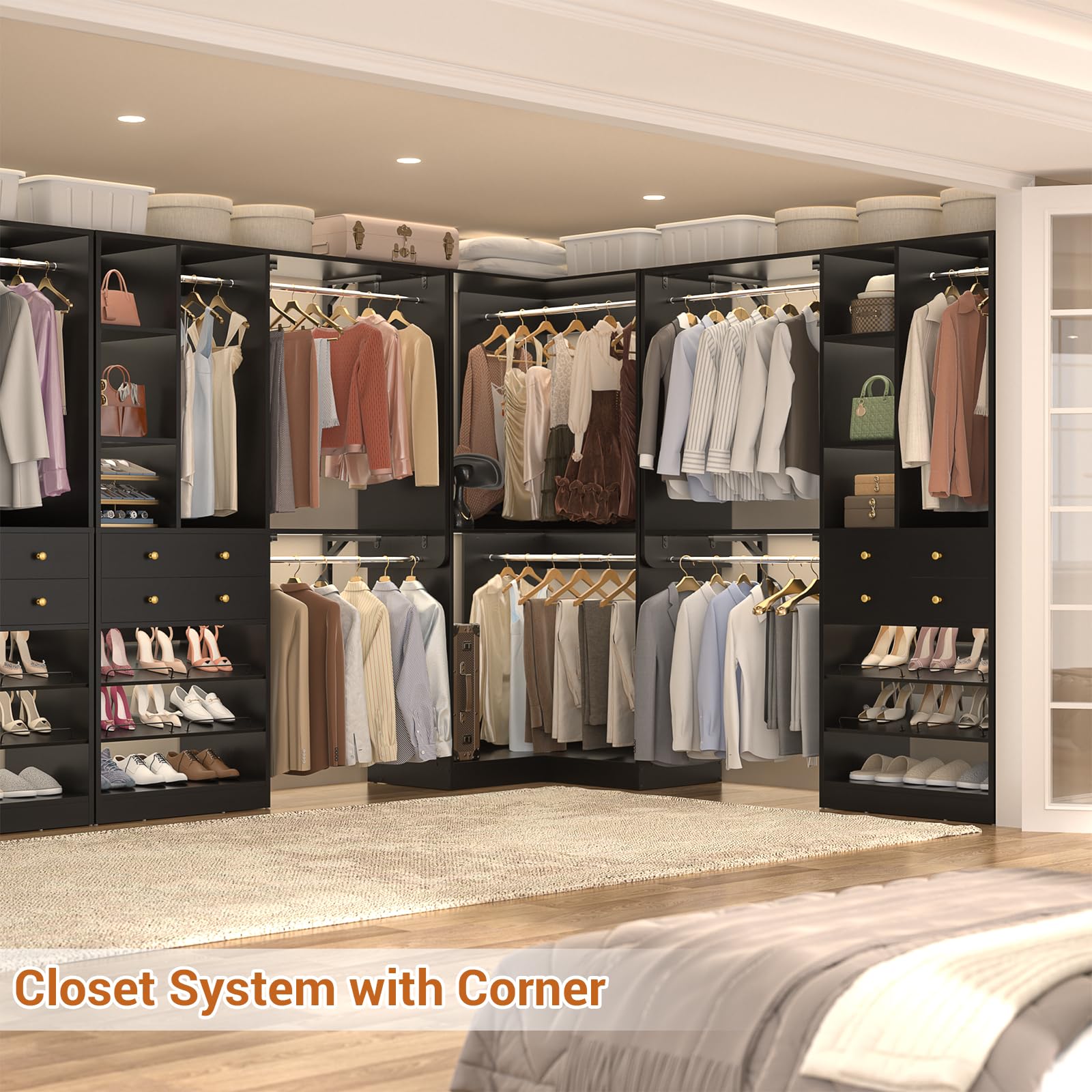 Besiost Closet System with Corner(3 Sets), 90.5" Closet Organizer System with Drawers, Reversible Garment Rack with Shelves, Walk-in Closet System with Hanging Robs, White