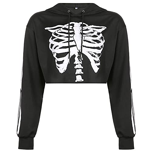 Chloefairy Women's Skeleton Print Crop Top Gothic Punk Hoodies Bandage Casual Pullover Long Sleeve Relaxed Fit Sweatshirts (Black, Large)