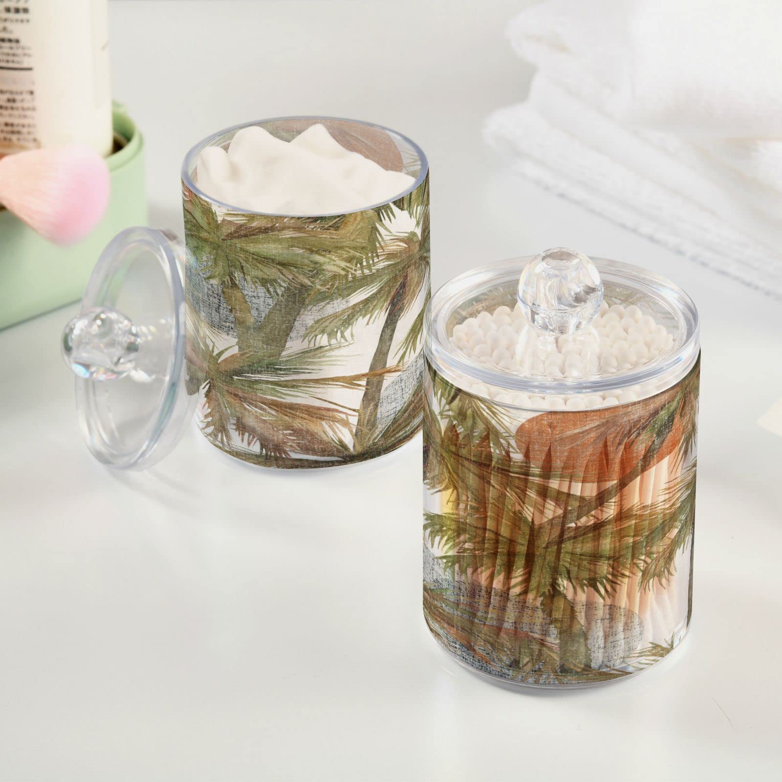 Kigai Abstract Palm Tree Qtip Holder Dispenser - 14OZ Clear Plastic Apothecary Jars Food Storage Jar with Lids Bathroom Canister Organizer for Coffee, Tea, Candy, Floss (2Pack)