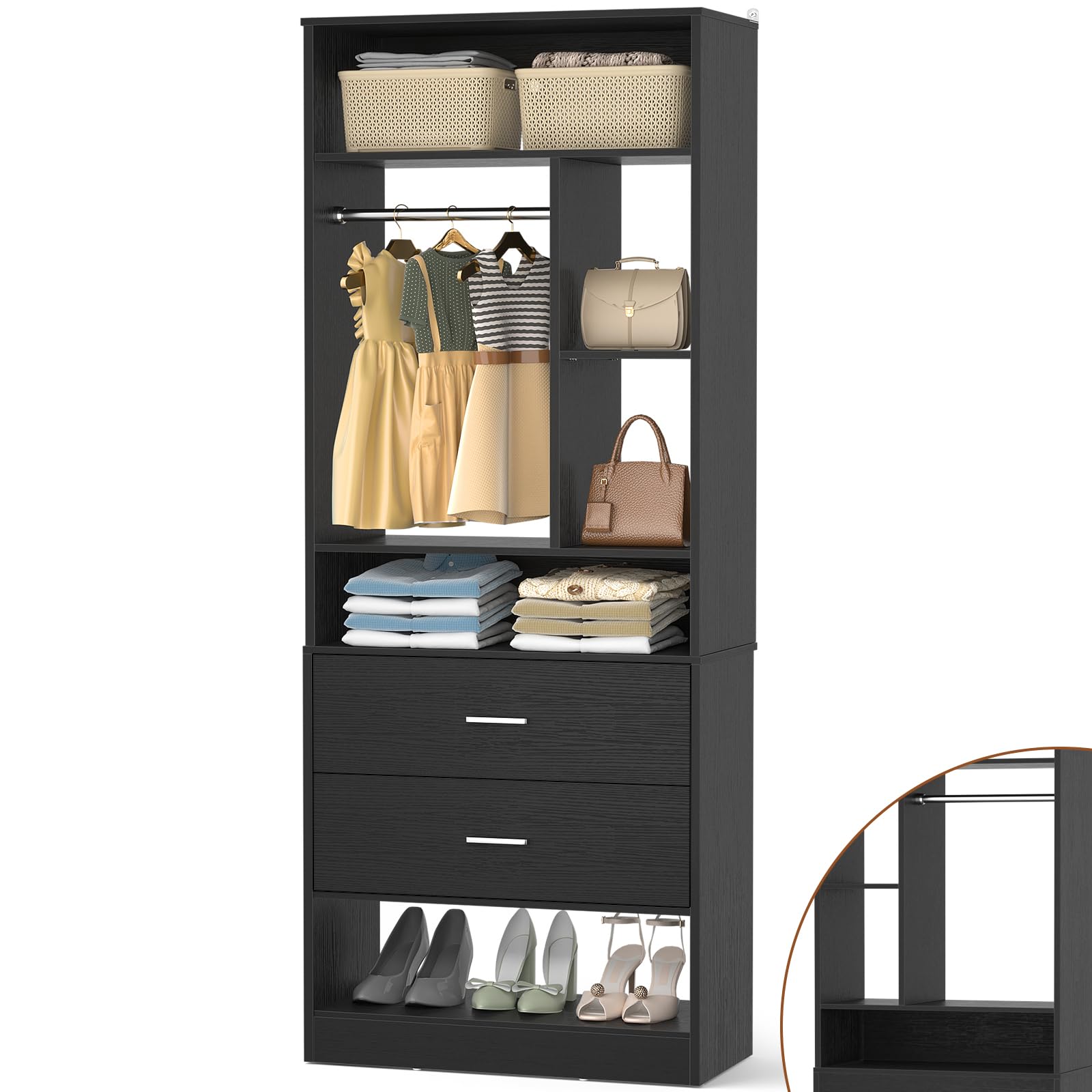 Besiost Freestanding 2FT Closet System with 3 Wood Drawers, 24" Closet Organizer System with Hanging Rod & Shelves, Walk-in Closet Systems for Small Closets, White (24"L x 15" W x 80" H)