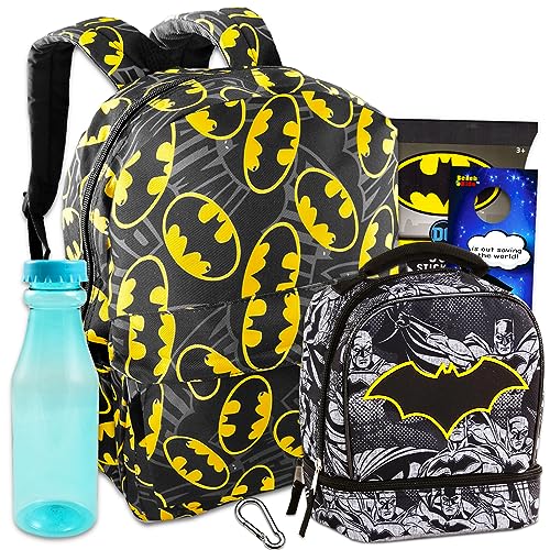 Fast Forward Batman Backpack with Lunch Box Set - Batman Backpack for Boys 8-12 Bundle with Lunch Bag, Water Bottle, Stickers, More | Batman School Backpack