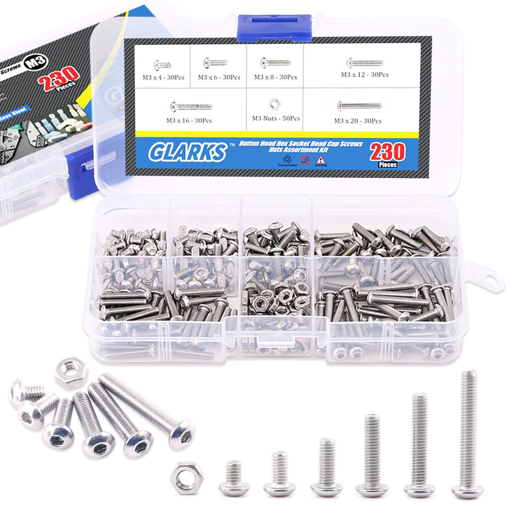 Glarks 230Pcs M3 Stainless Steel Allen Hex Drive Button Head Socket Cap Bolts Screws Nuts Assortment Kit (M3)