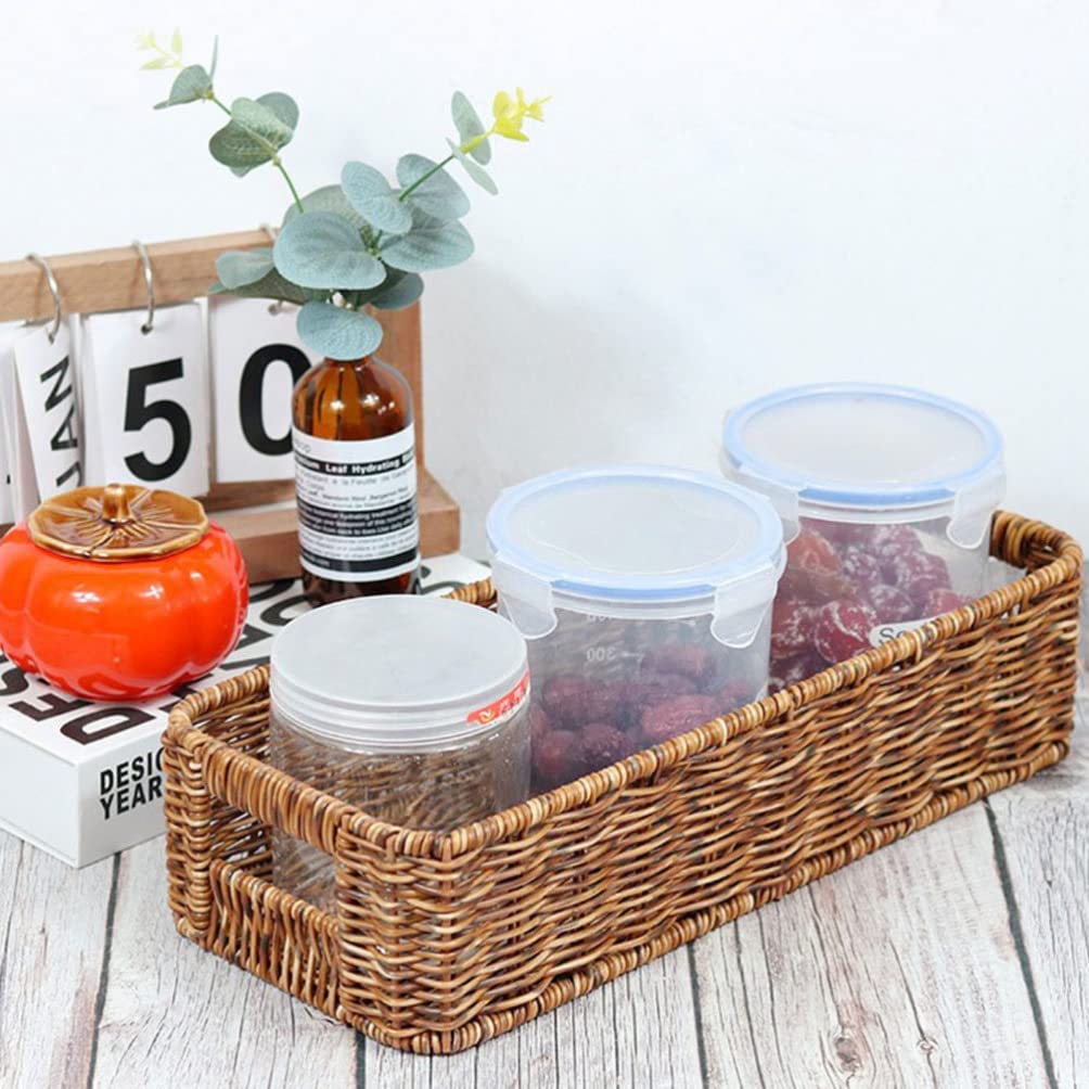 Angoily Small Woven Basket for Storage Natural Wicker Basket for Organizing, Wicker Storage Basket with Handle for Pantry, Bedroom, Living, Shelves (13.95X6.09X3.54in)