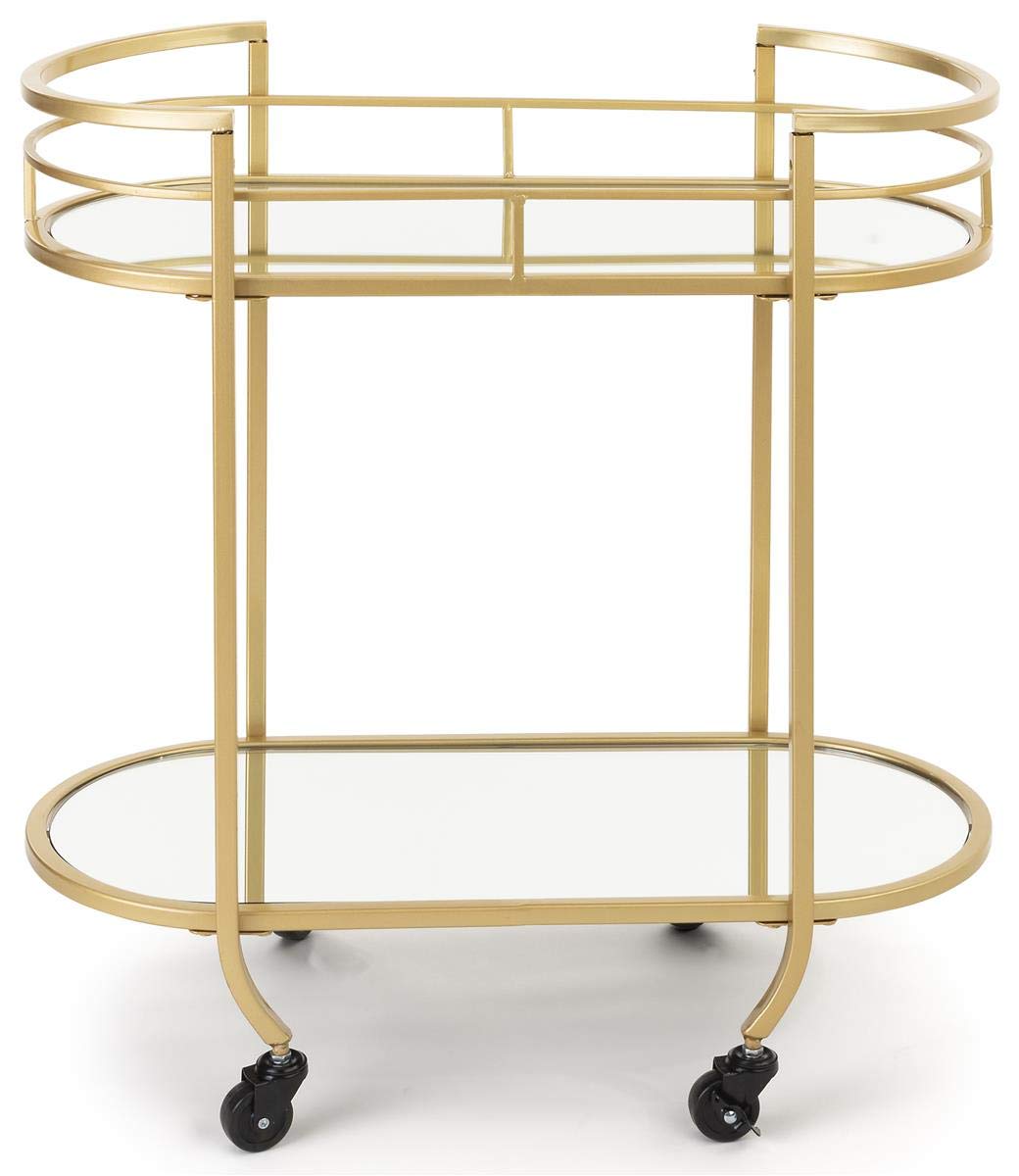 Displays2go Champagne Gold Drinks Trolley, Mirrored Glass Decks, Four Casters - Satin Finish (FSBEVCART5)