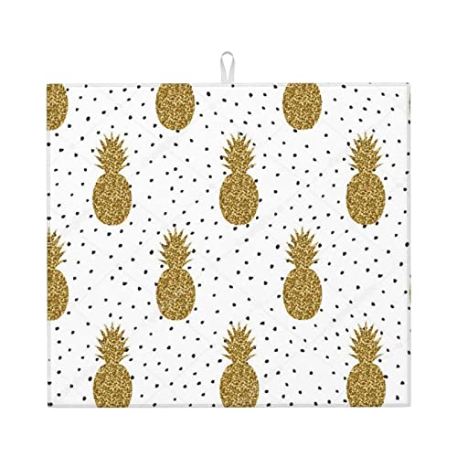Gold Glitter Pineapples Fruit Printed Drying Mat For Kitchen Ultra Absorbent Microfiber Dishes Drainer Mats Non-Slip Silicone Quick Dry Pad - 18 X 16inch