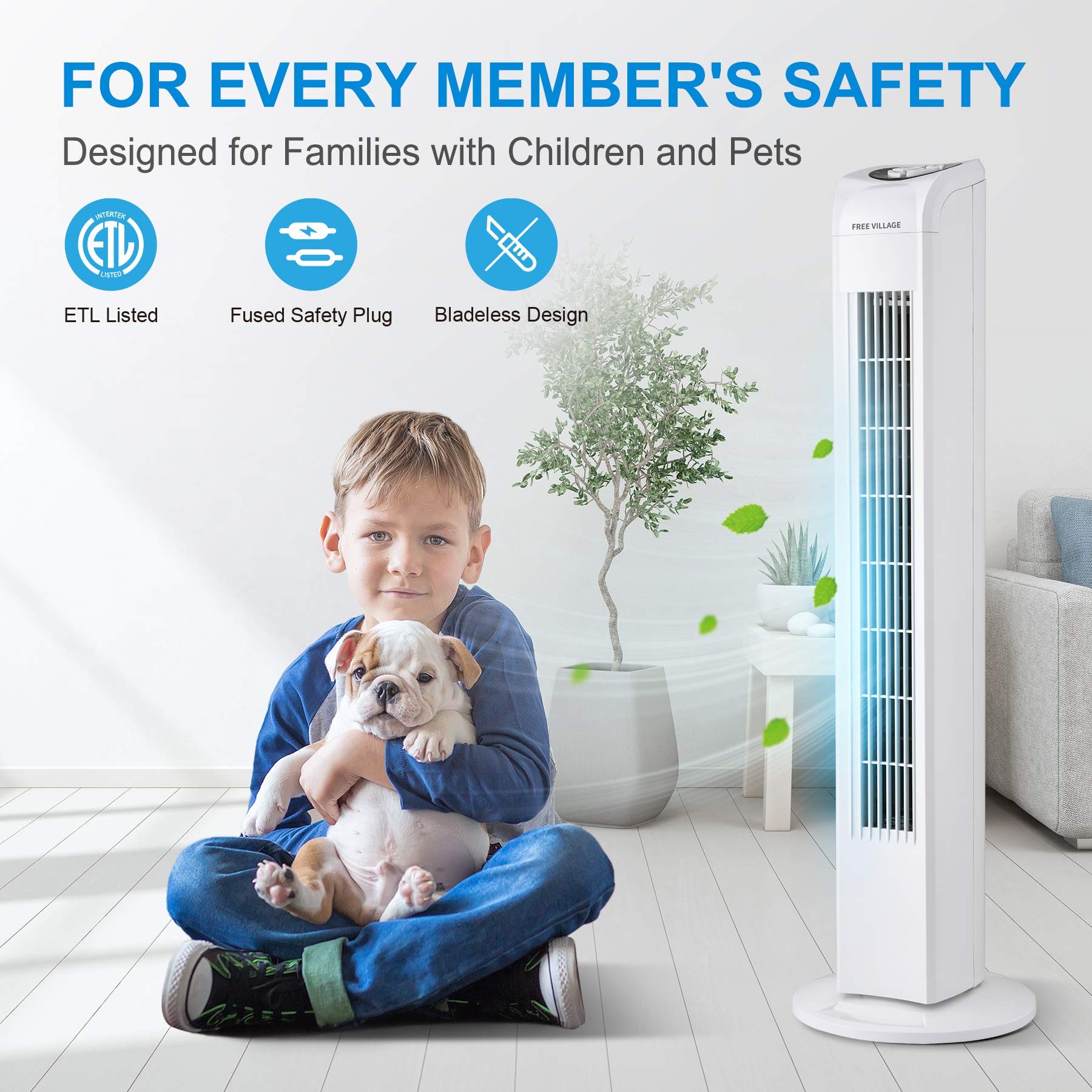 FREE VILLAGE JTF-03R 30'' Bladeless Tower Fan - 30 Inch Portable Tower Fan with Remote, 7.5 Hours Timer, 70° oscillation, Compact Size, 3 Modes and 3 Speed Settings, Safe for Kids and Pets, White